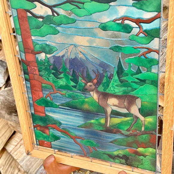 Art | Vintage Handpainted Stain Glass Panel Buck Stream Landscape Sun ...